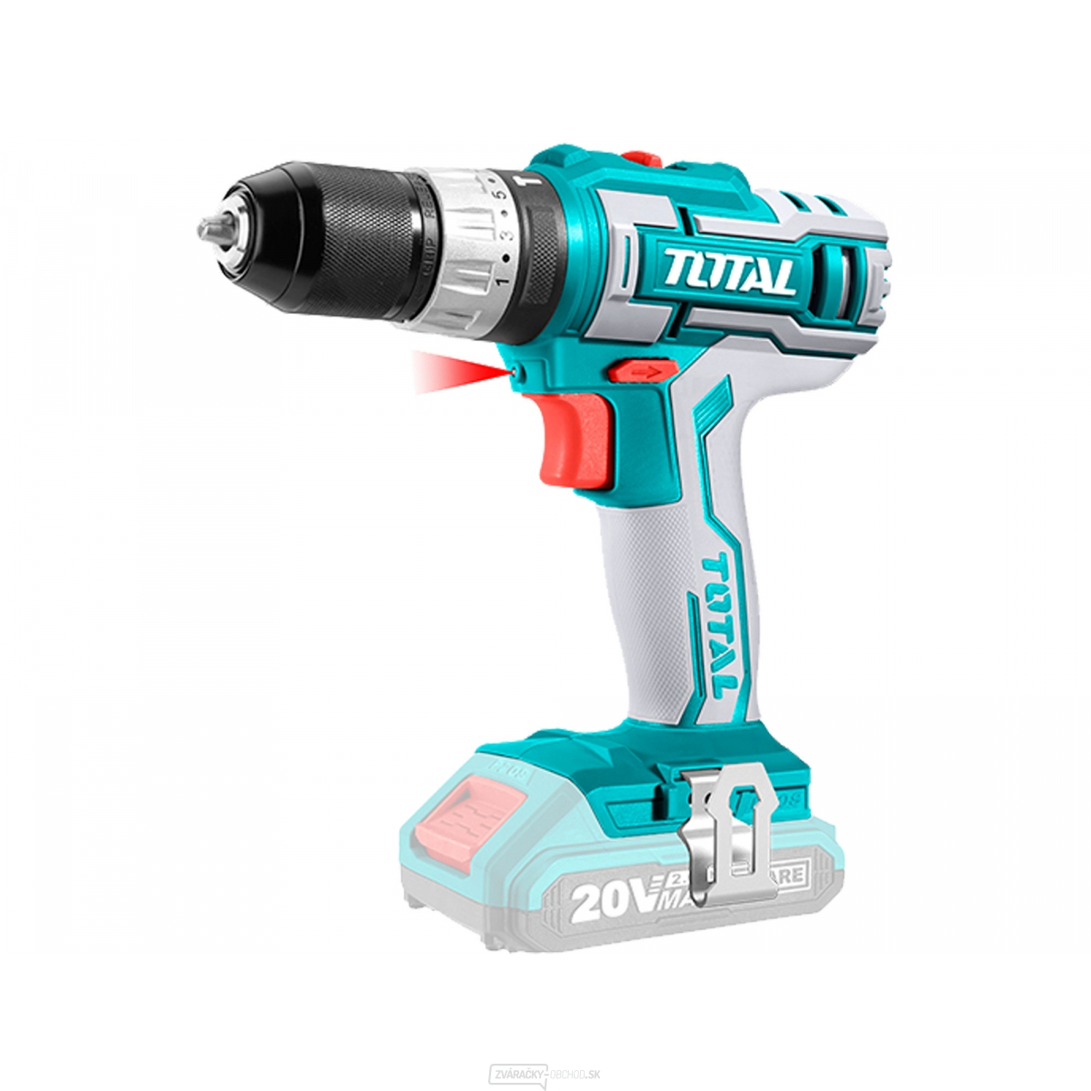 Vŕtací skrutkovač AKU s príklepom TOTAL, 20V Li-ion (2x), 20